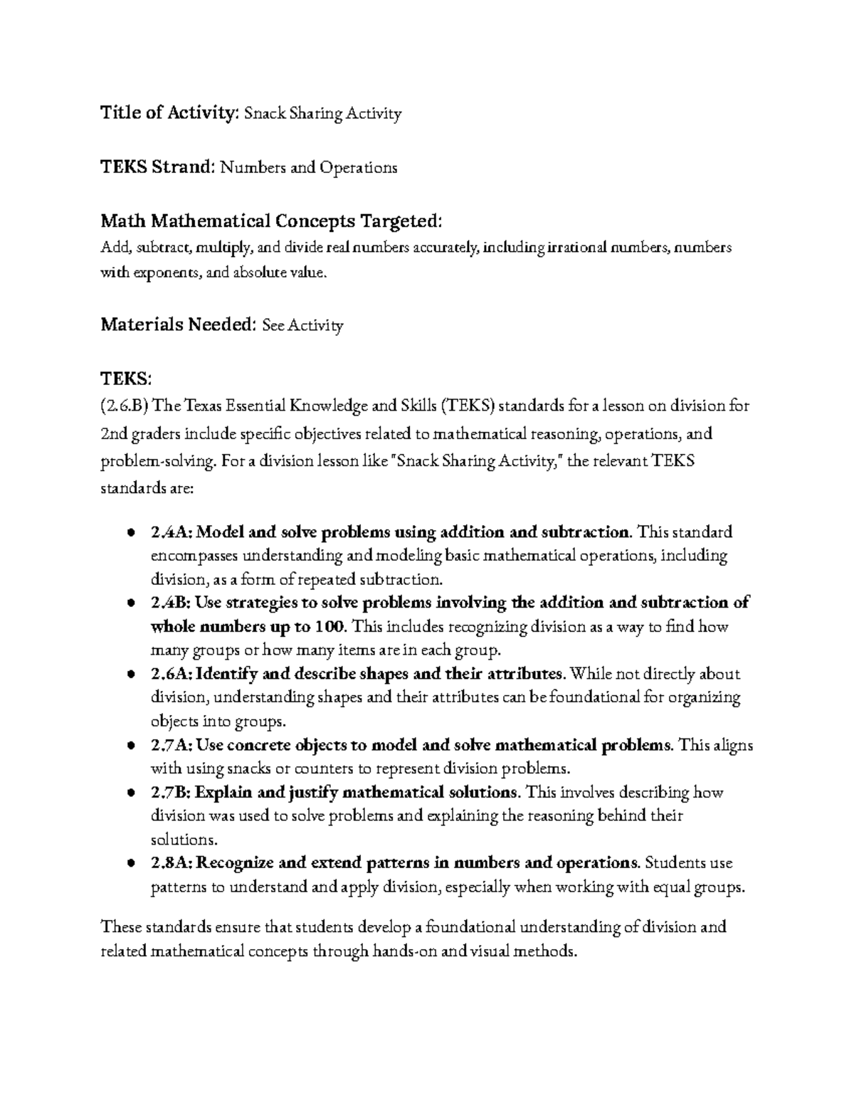 TEKS 2.6 - Snack Sharing Activity Outline and Standards Overview - Studocu