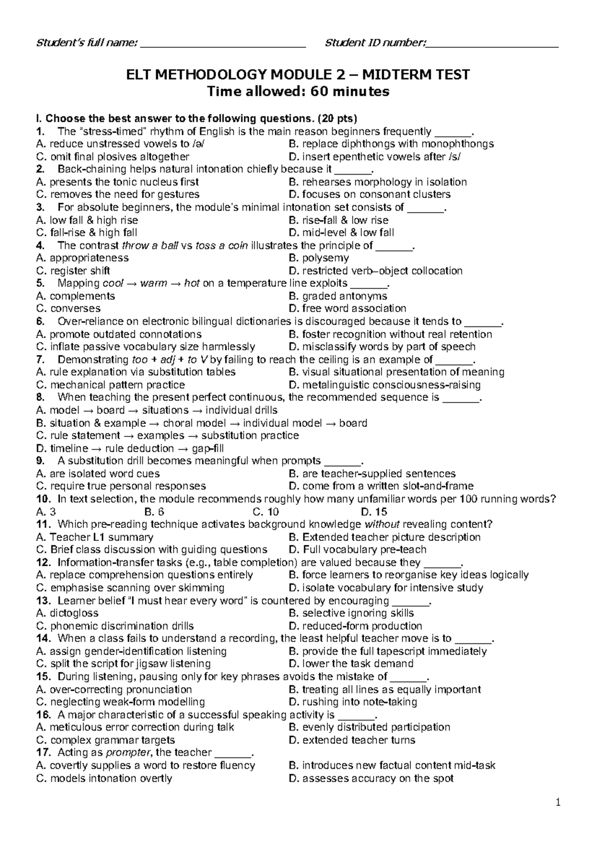 ELT2 Methodology Module 2 Midterm Test 2025 - Comprehensive Review ...