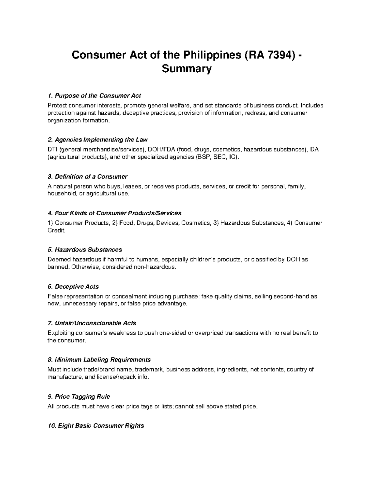 Consumer Act of the Philippines (RA 7394) Summary Notes - Studocu