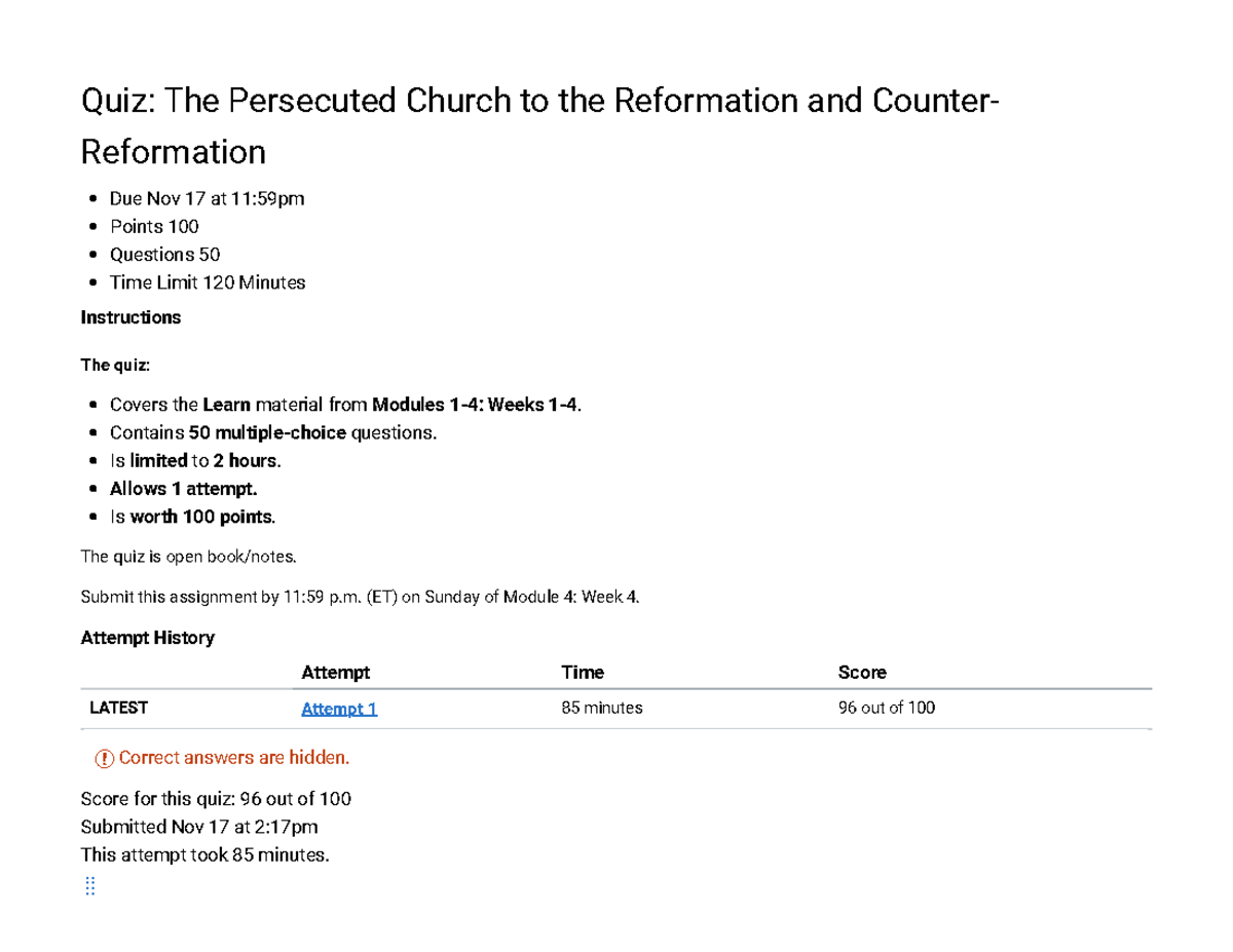 Quiz The Persecuted Church to the Reformation and Counter-Reformation ...