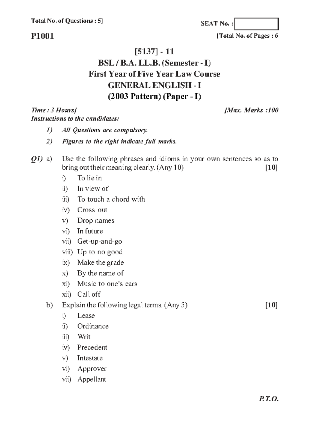 B.A. - LL.B. (2003 Pattern) General English I & II Exam Questions - Studocu