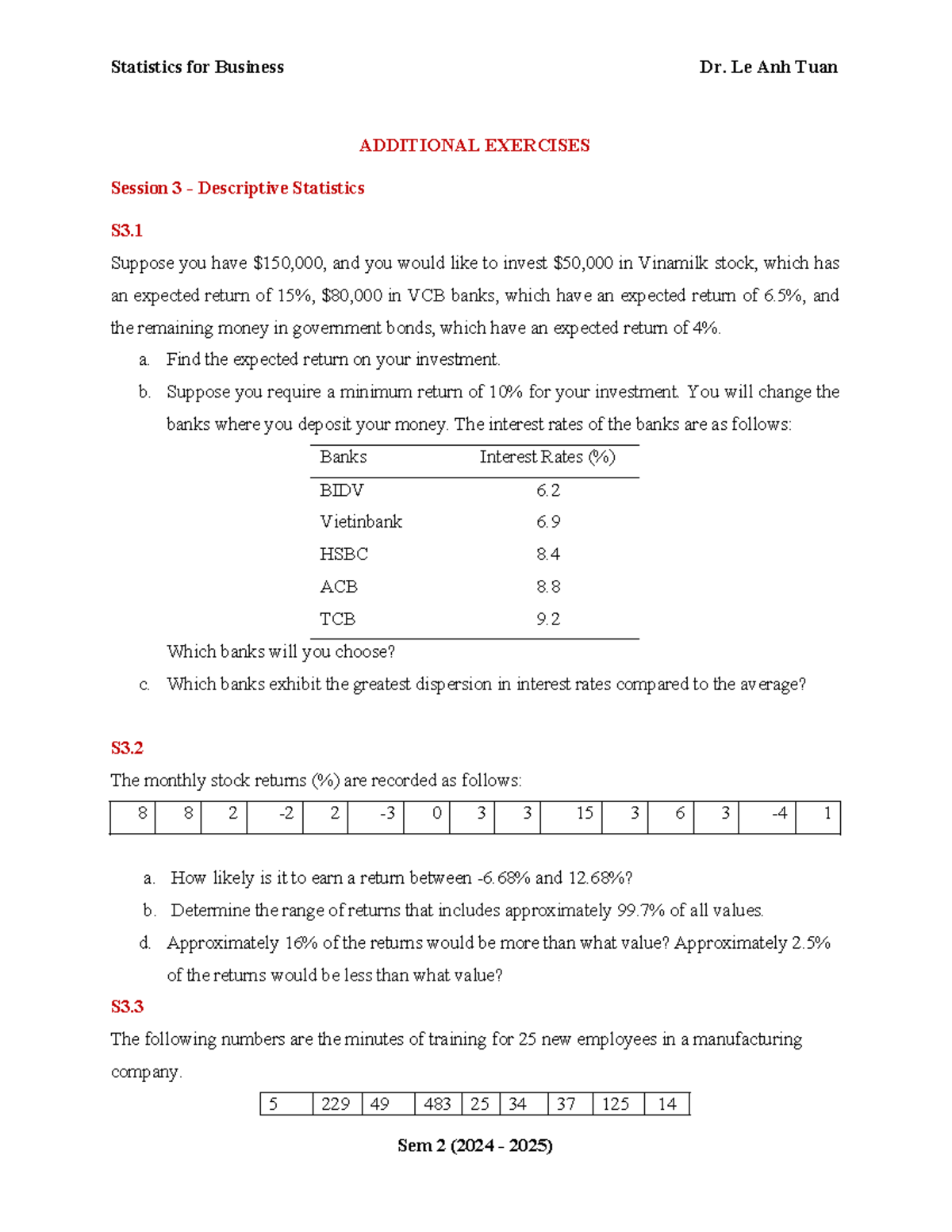 Statistics for Business S2.2024-2025: Descriptive & Inferential ...