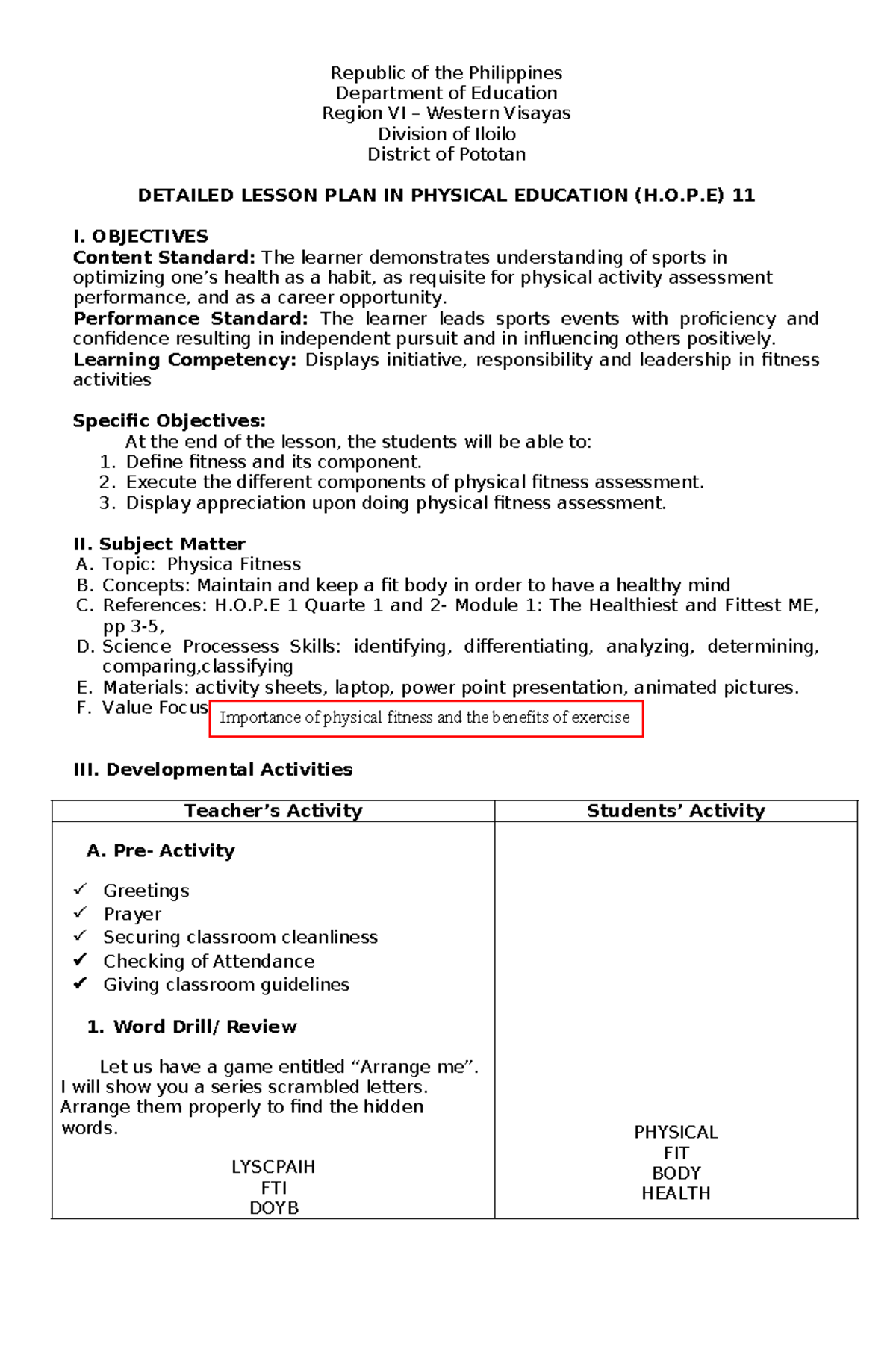 Detailed Lesson Plan in Physical Education (H.O.P) 11: Physical Fitness ...