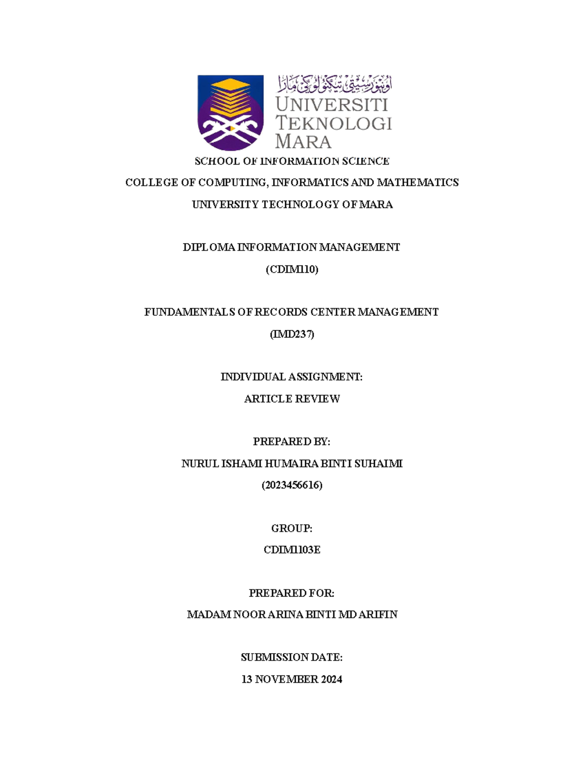 Article Review (IMD237) - SCHOOL OF INFORMATION SCIENCE COLLEGE OF ...
