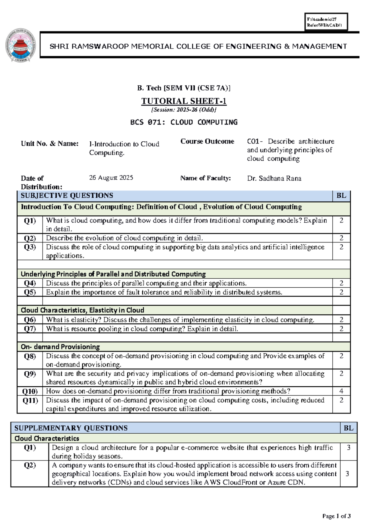 B. Tech VII (CSE) Tutorial BCS 071: Cloud Computing Practice Paper ...