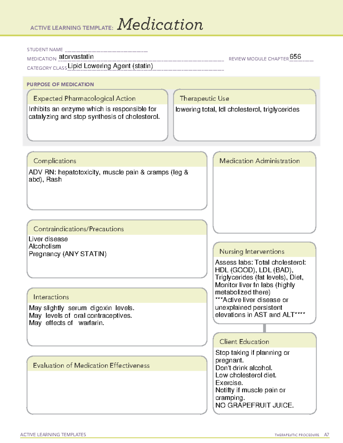 Atorvastatin ATI Medication Template - Active Learning Guide - Studocu
