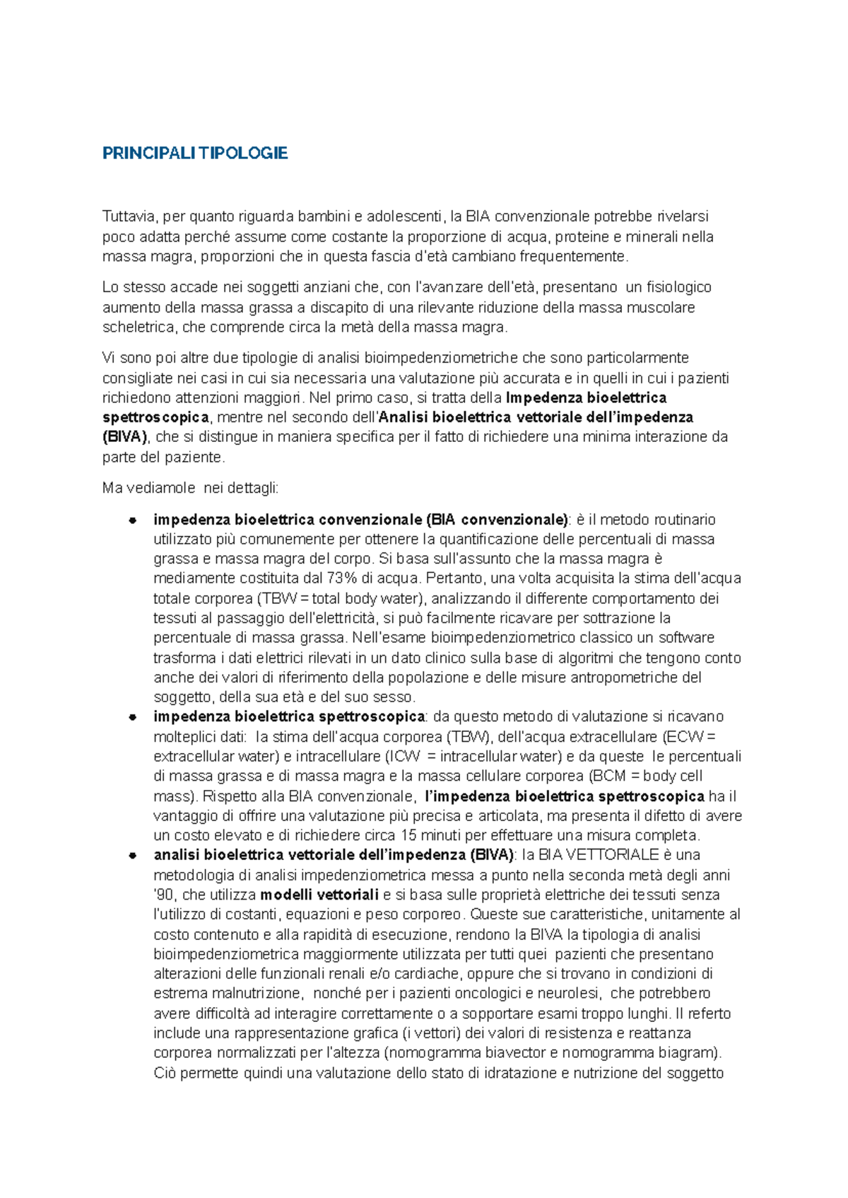 Tipologie di Bioimpedenziometria: Analisi e Metodi (BIA, BIVA) - Studocu