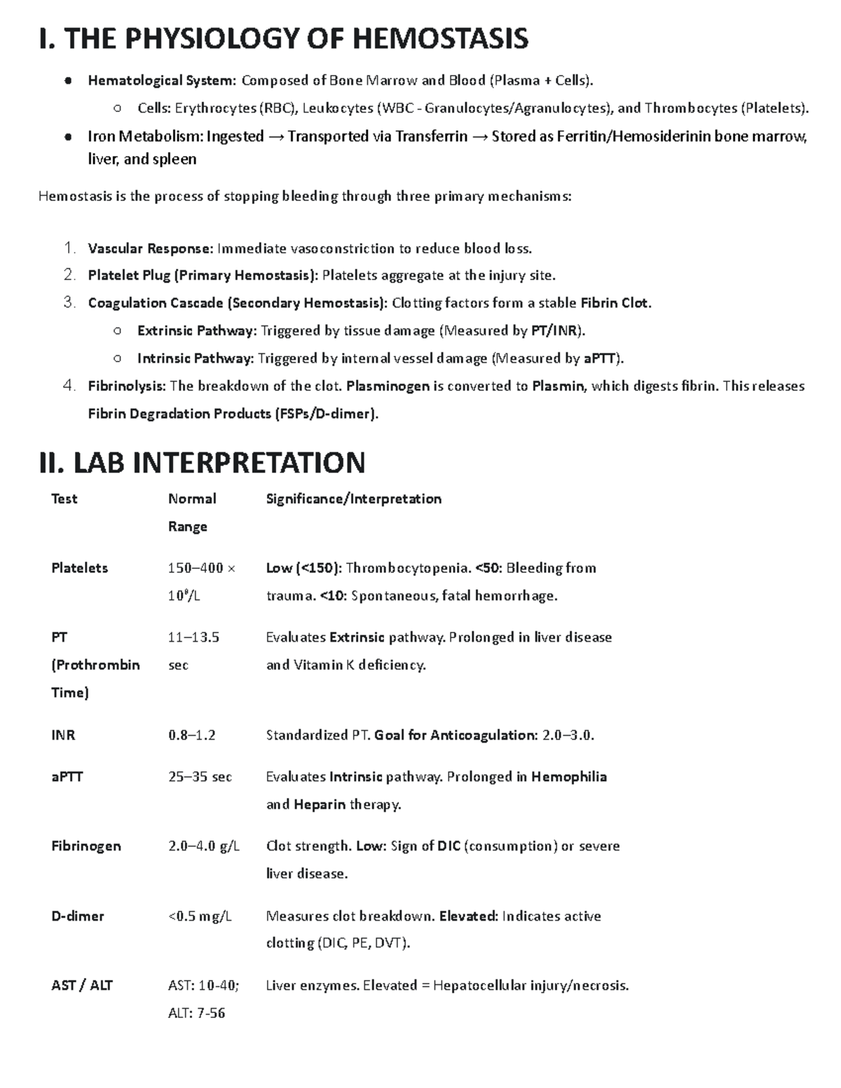 Hemostasis - Physiology and Lab Interpretation Notes (Course Code: N/A ...