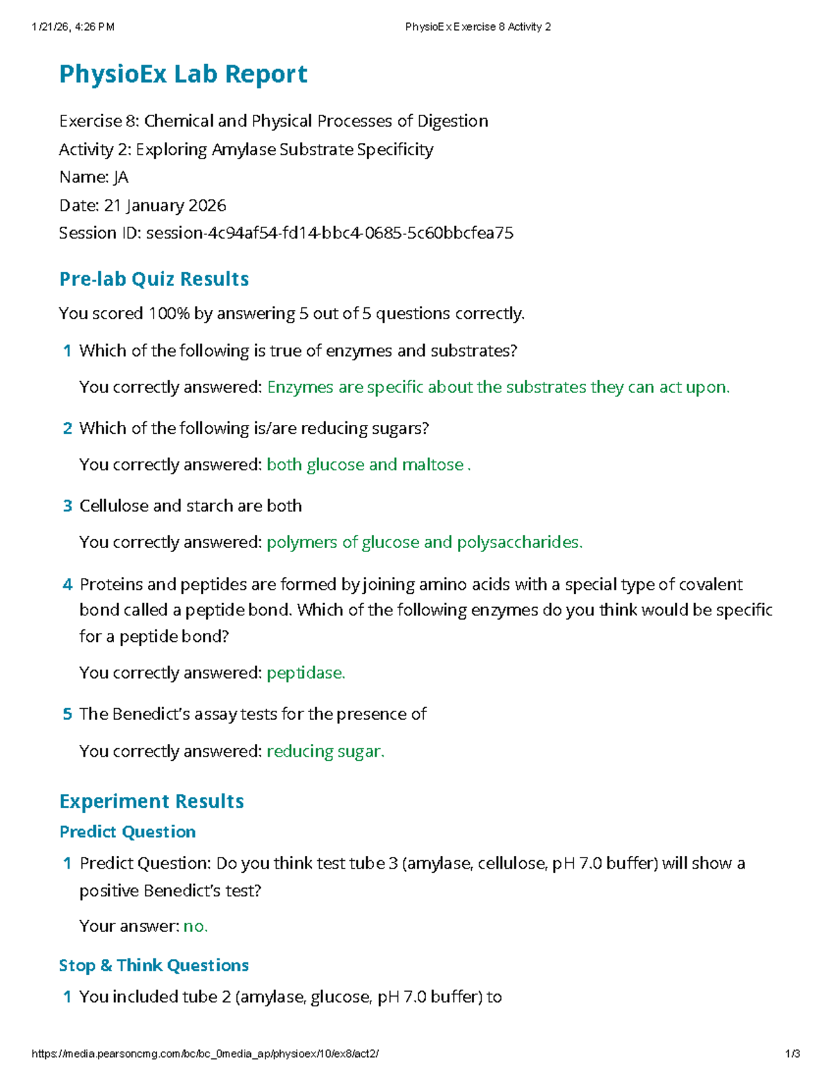 PhysioEx 4:26 PM Lab Report: Enzyme Activity & Amylase Specificity ...