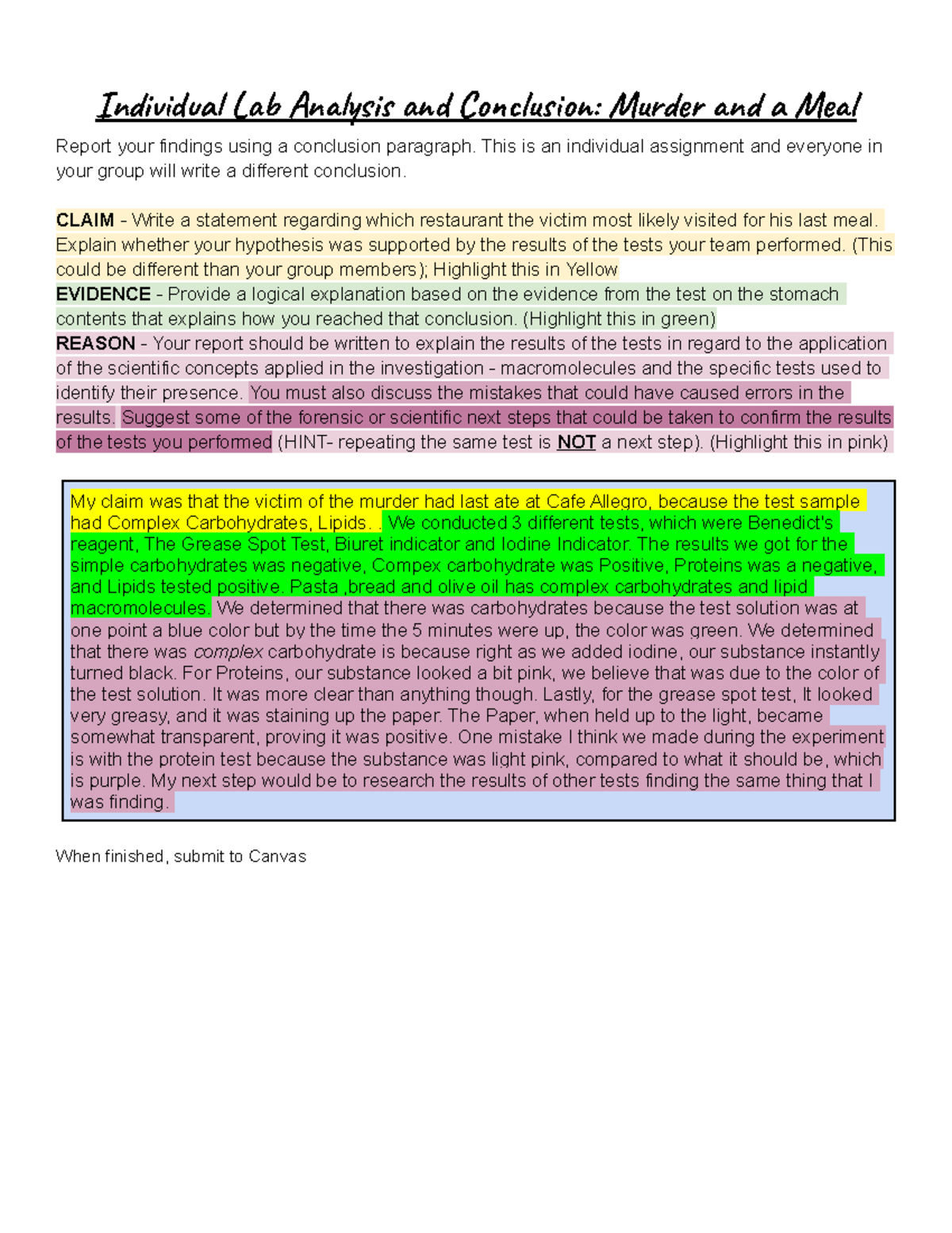Copy of 2021 Murder and a Meal Conclusion - Individual Lab Analysis and ...
