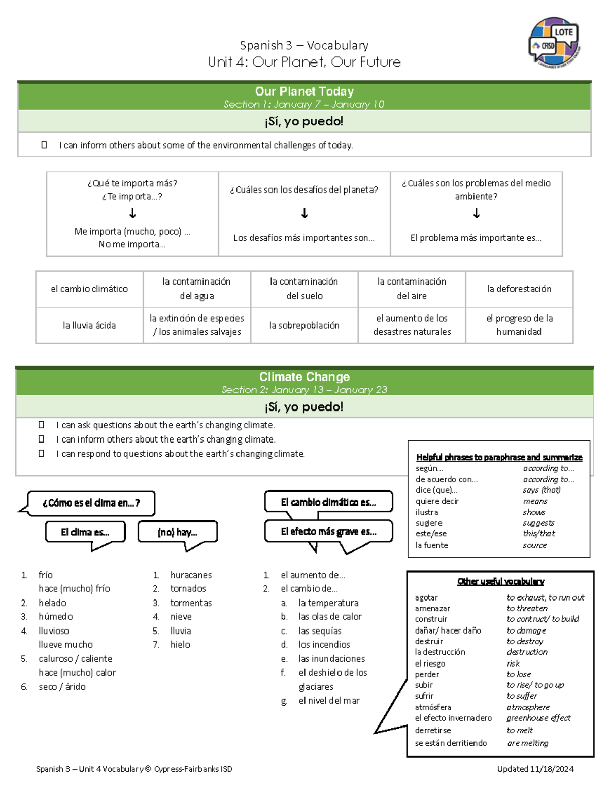 Spanish 3 Unit 4 Vocabulary: Environmental Challenges & Solutions - Studocu