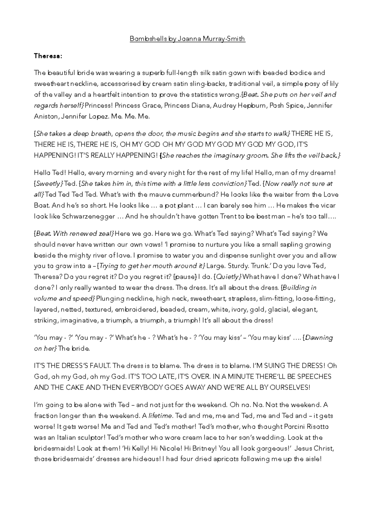 Bombshells - Joanna Theresa: Wedding Day Monologue Analysis - Studocu