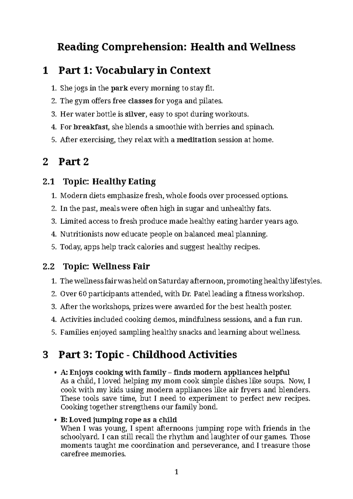 Health and Wellness 1: Vocabulary in Context and Activities - Studocu
