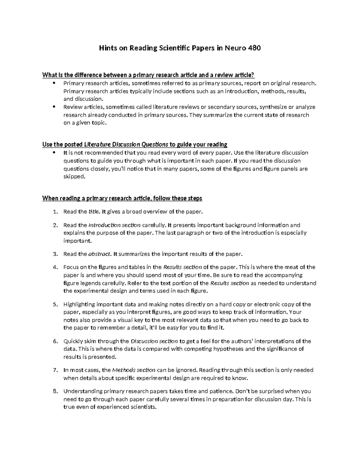 Hints on Reading Scientific Papers for Neuro 480: Primary vs. Review ...