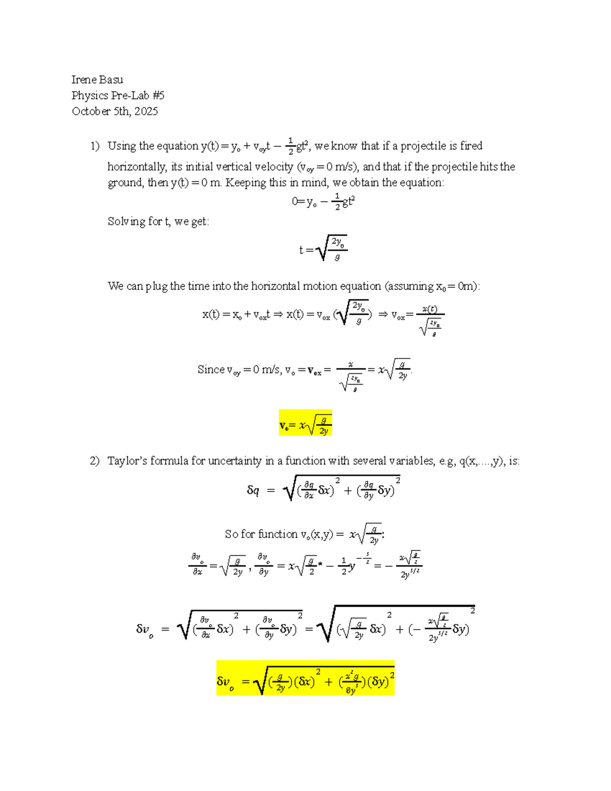 Physics Pre-Lab #5: Projectile Motion and Uncertainty Analysis - Studocu