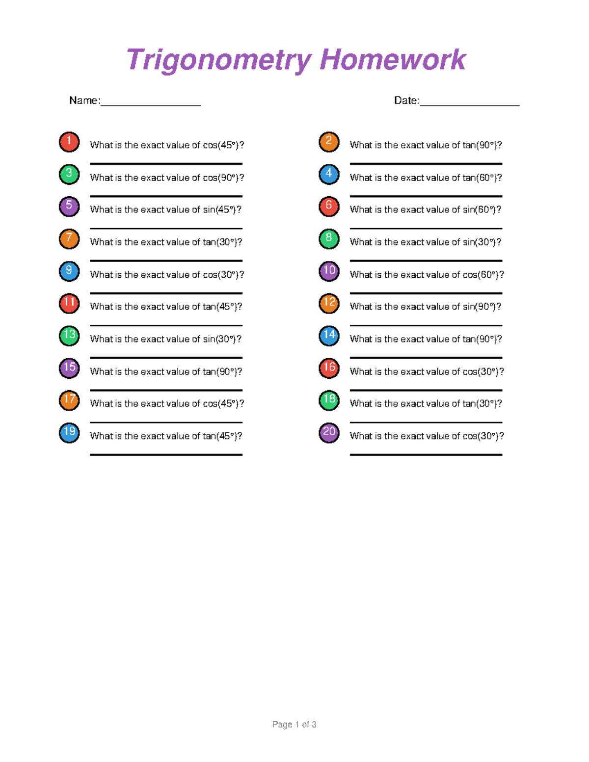 Trigonometry Homework 1: Exact Values and Solutions - Studocu