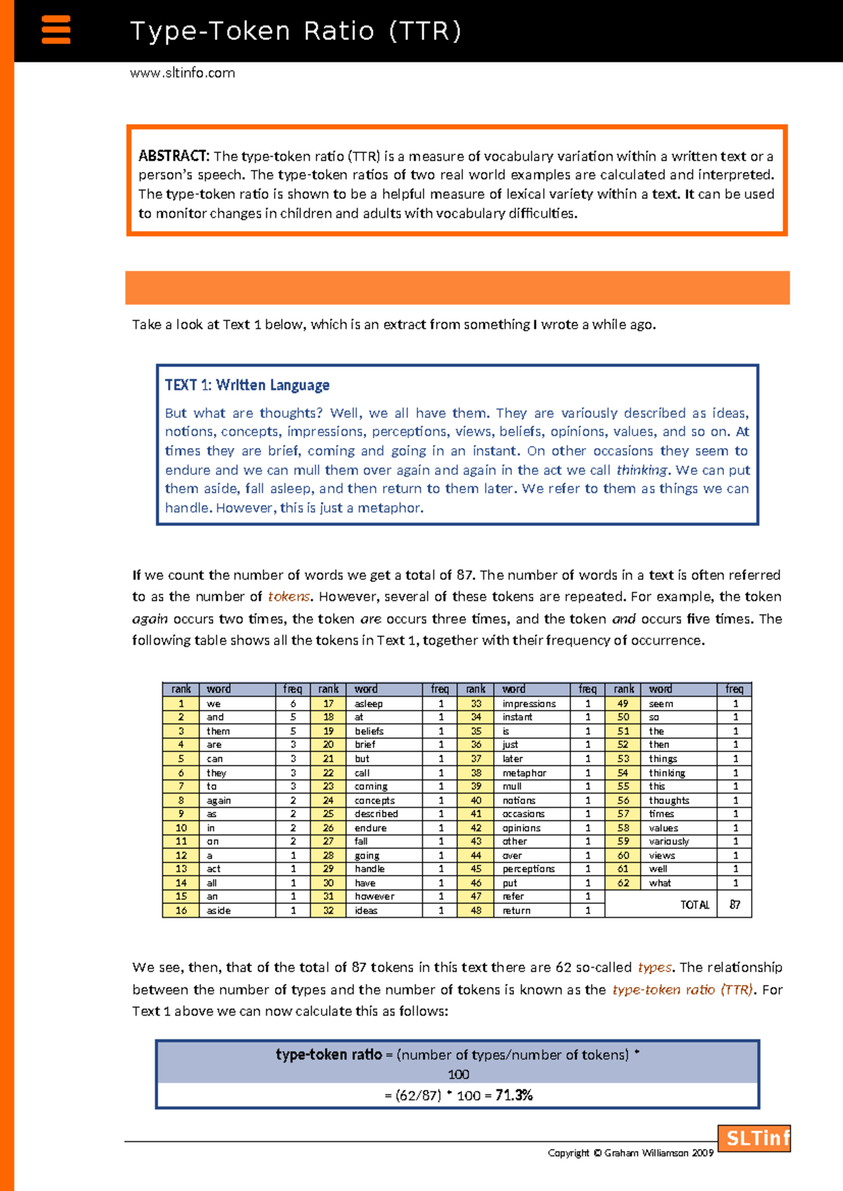 Analysis of Type-Token Ratio (TTR) in Written & Spoken Language - Studocu