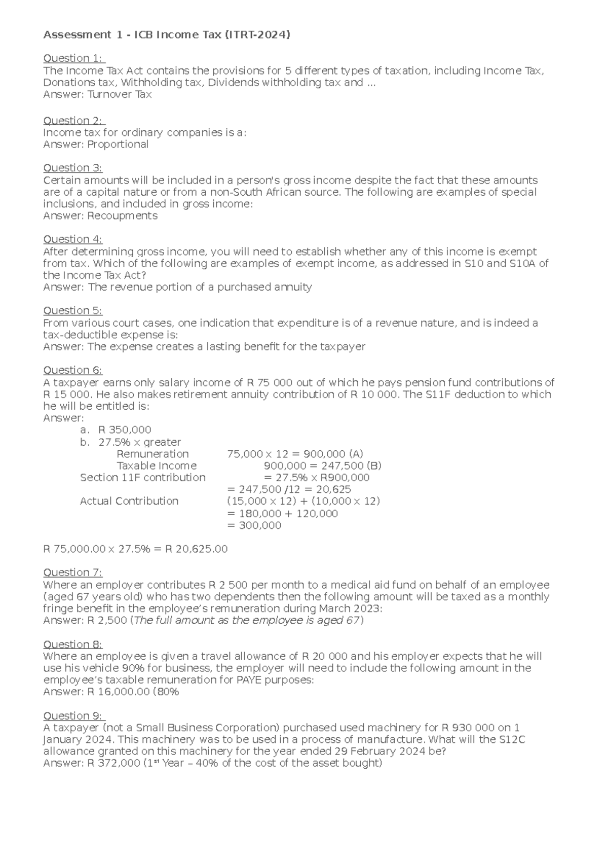 ICB Income Tax Assessment 1 - ITRT-2024: Key Questions & Answers - Studocu