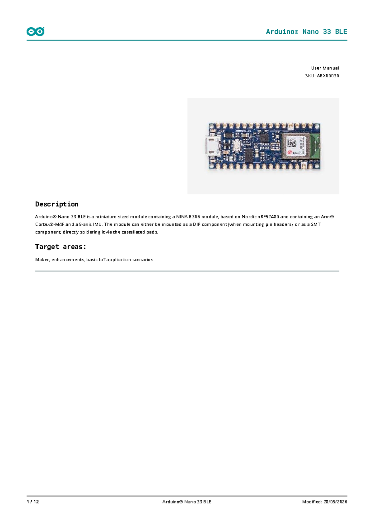 Nano 33 BLE User Manual: Features & Applications Guide - Studocu