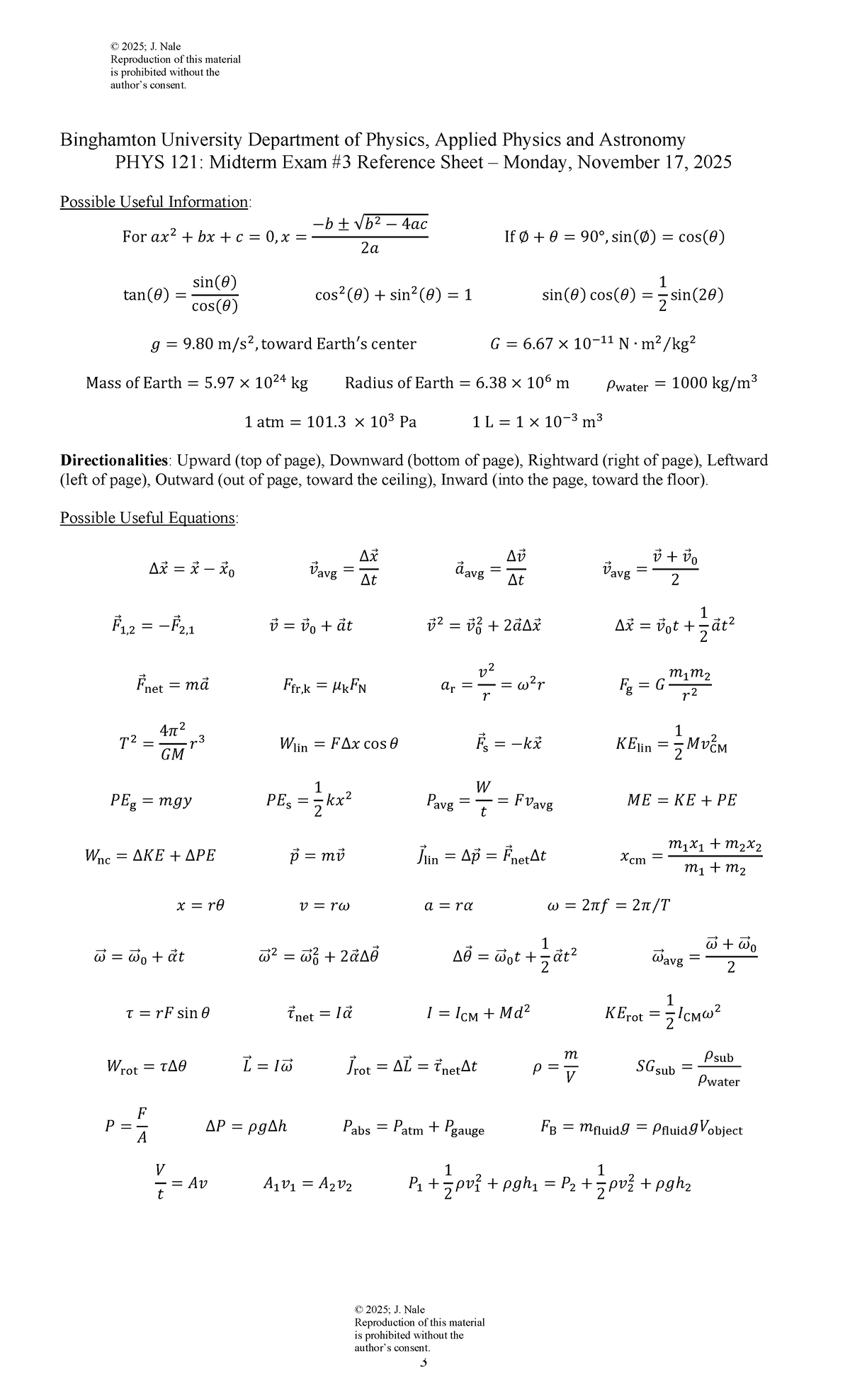 PHYS 121: Midterm Exam Formula Reference Sheet - Studocu