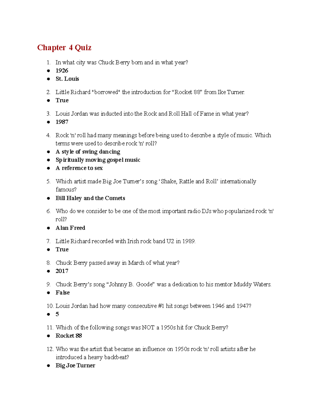 Chapter 4 Quiz - Rock and Roll Origins and Influences - Studocu