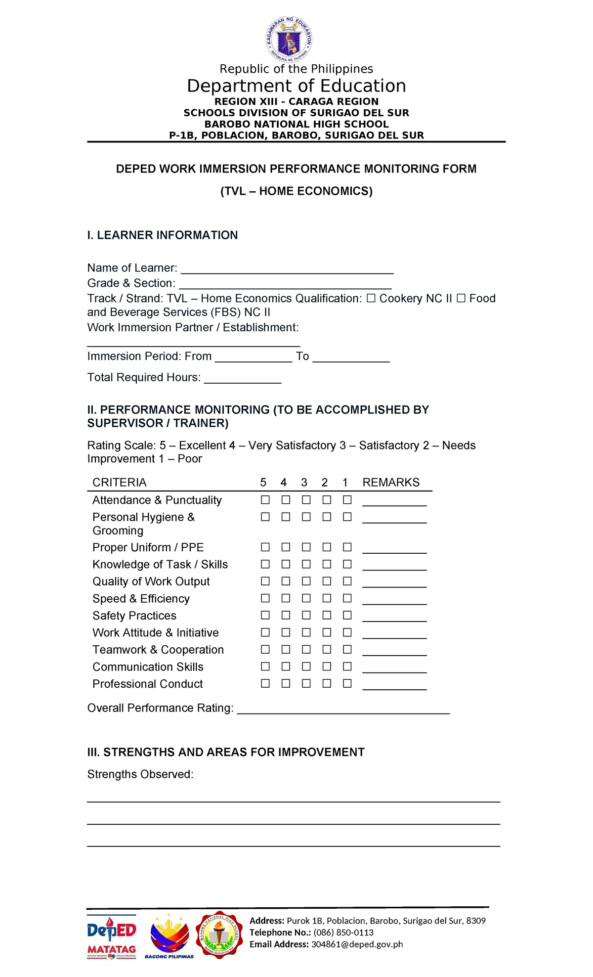 DepEd WORK Immersion Performance Monitoring Form - Final - Studocu