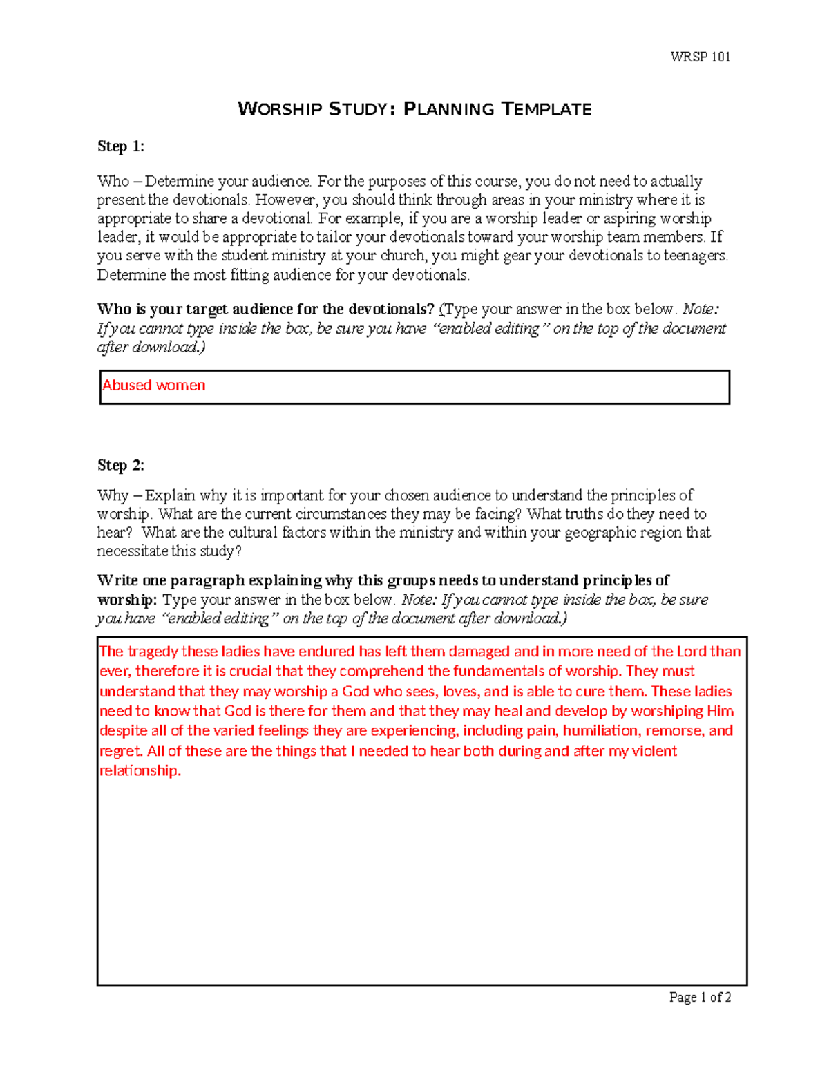 Worship Study Planning Template - WRSP 101 Insights & Answers - Studocu