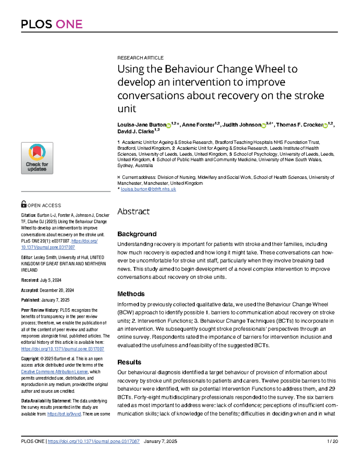 PLOS ONE RESEARCH ARTICLE: Developing a BCW Intervention for Stroke ...