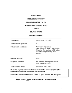 Equity and Trusts Exam paper May 2020 - SCHOOL OF LAW MIDDLESEX ...