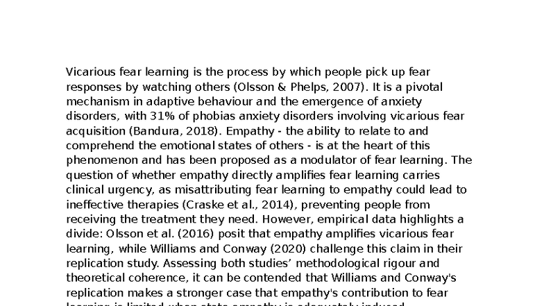 Assignment 2 - Essay on Vicarious Fear Learning and Empathy - Studocu