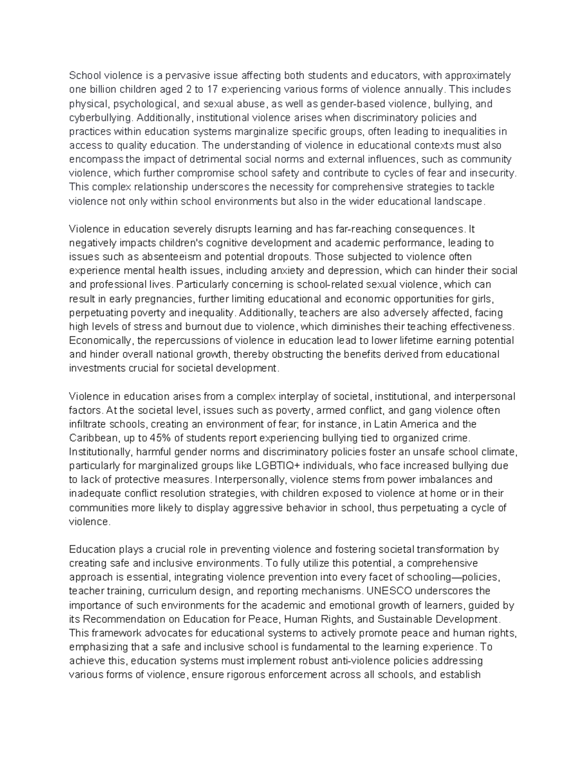 History/English essay - School violence is a pervasive issue affecting ...