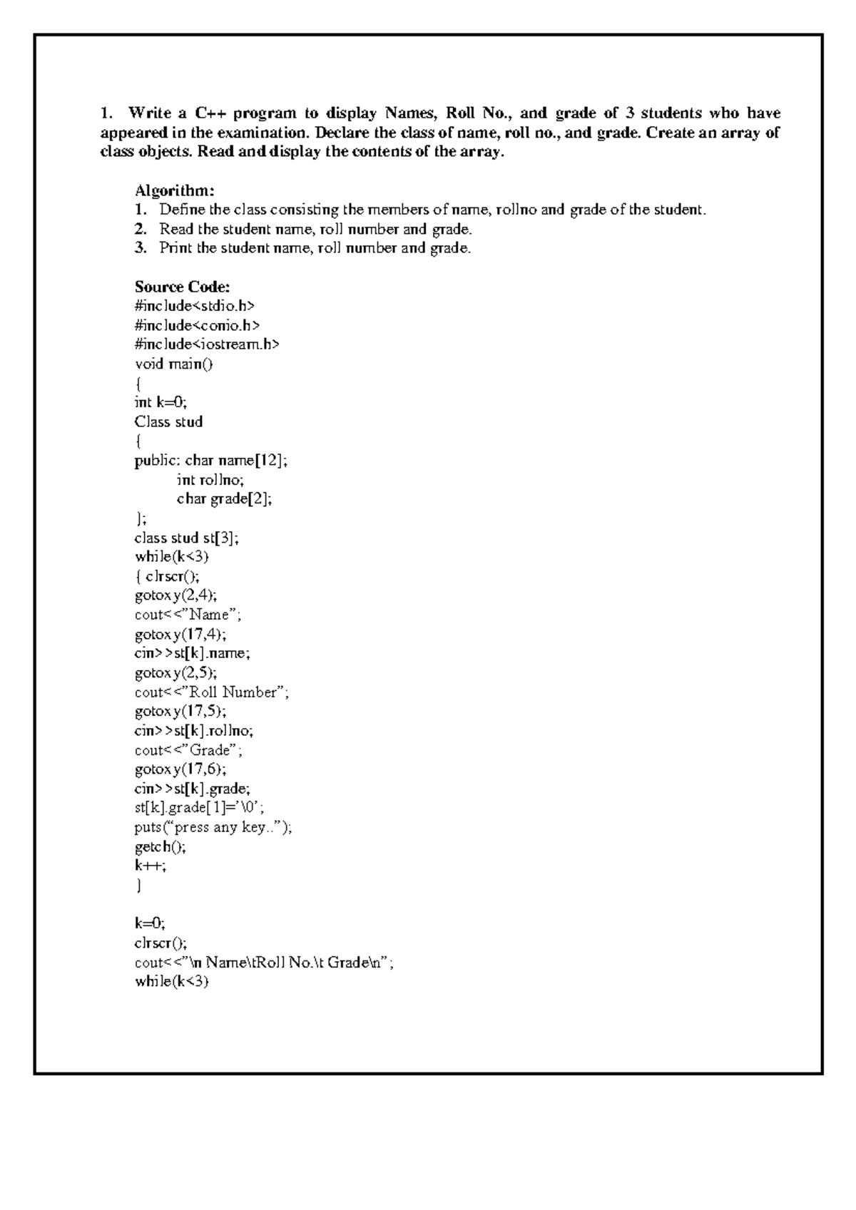C++ programs - , and grade of 3 students who have appeared in the ...