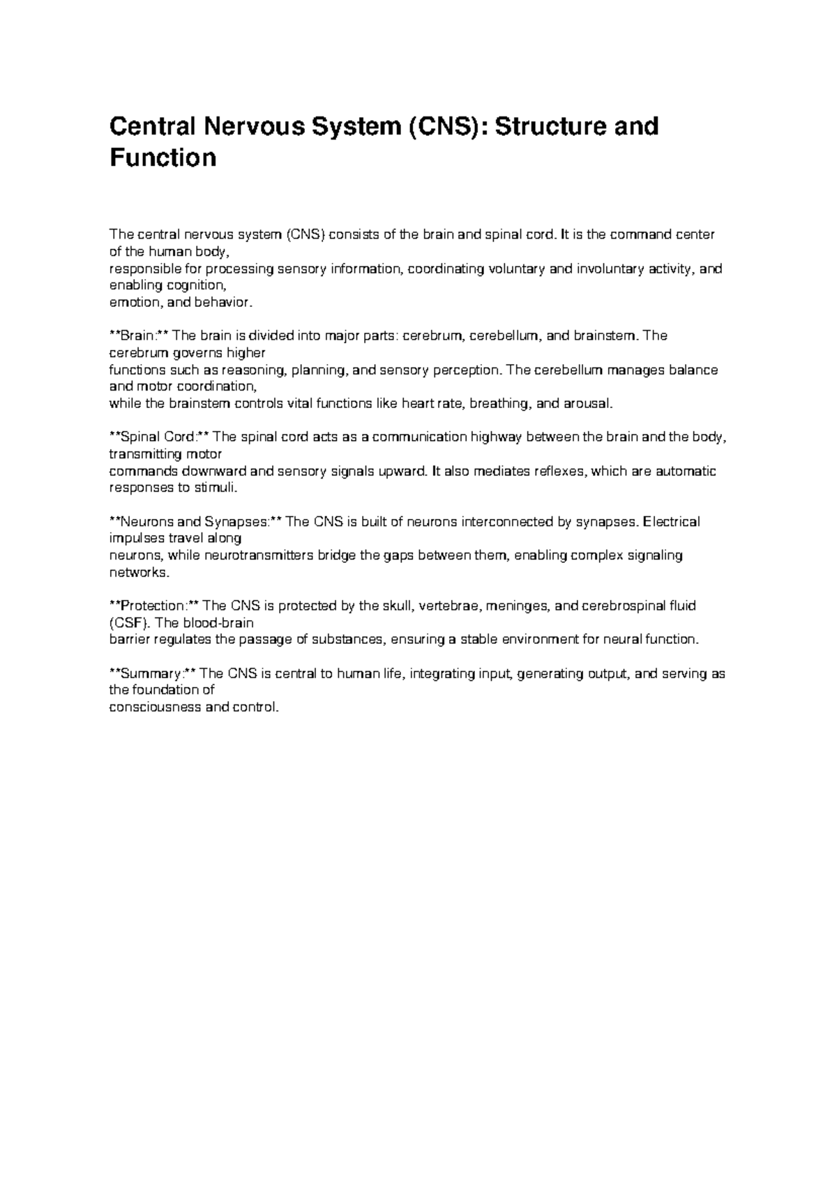 CNS 101: Overview of Structure and Function of the Central Nervous ...