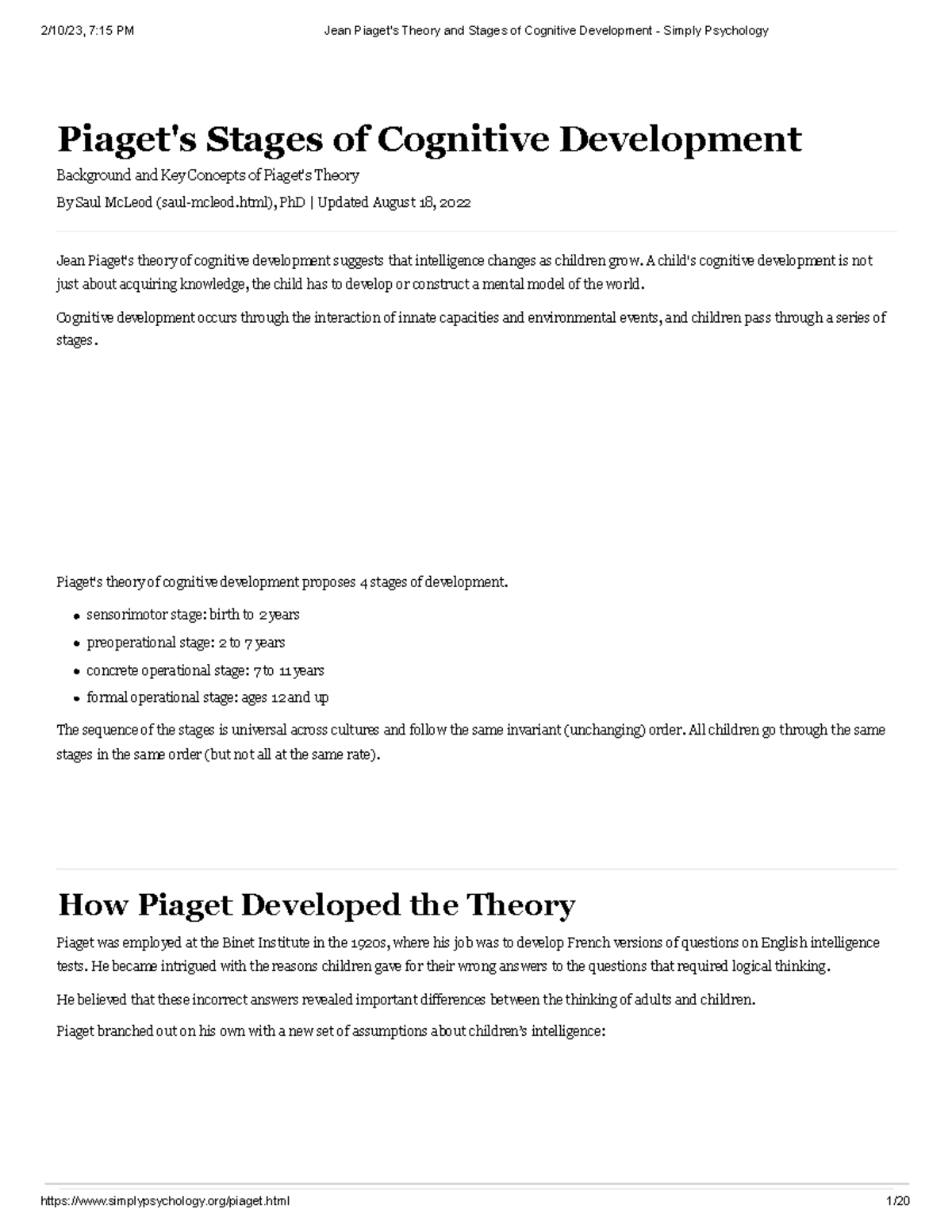 Piaget's Theory: Stages of Cognitive Development Explained - Studocu