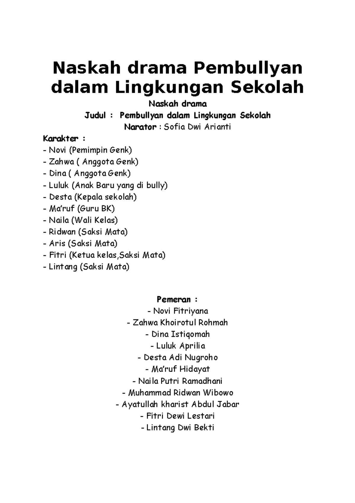 Naskah Drama: Pembullyan di Sekolah - Sofia Dwi Arianti - Studocu
