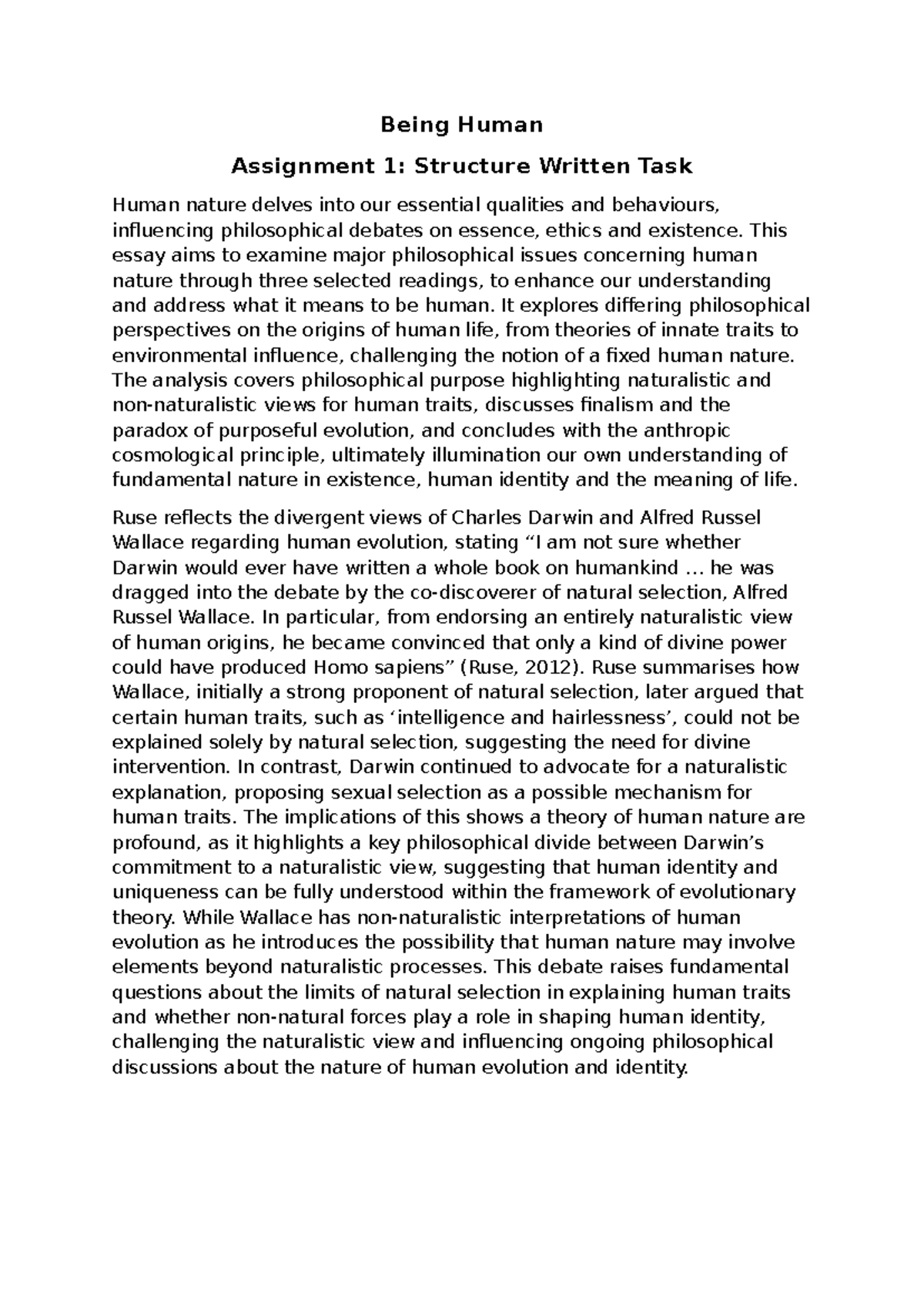 Being Human Assessment 1 - Structured Written Task - Being Human ...