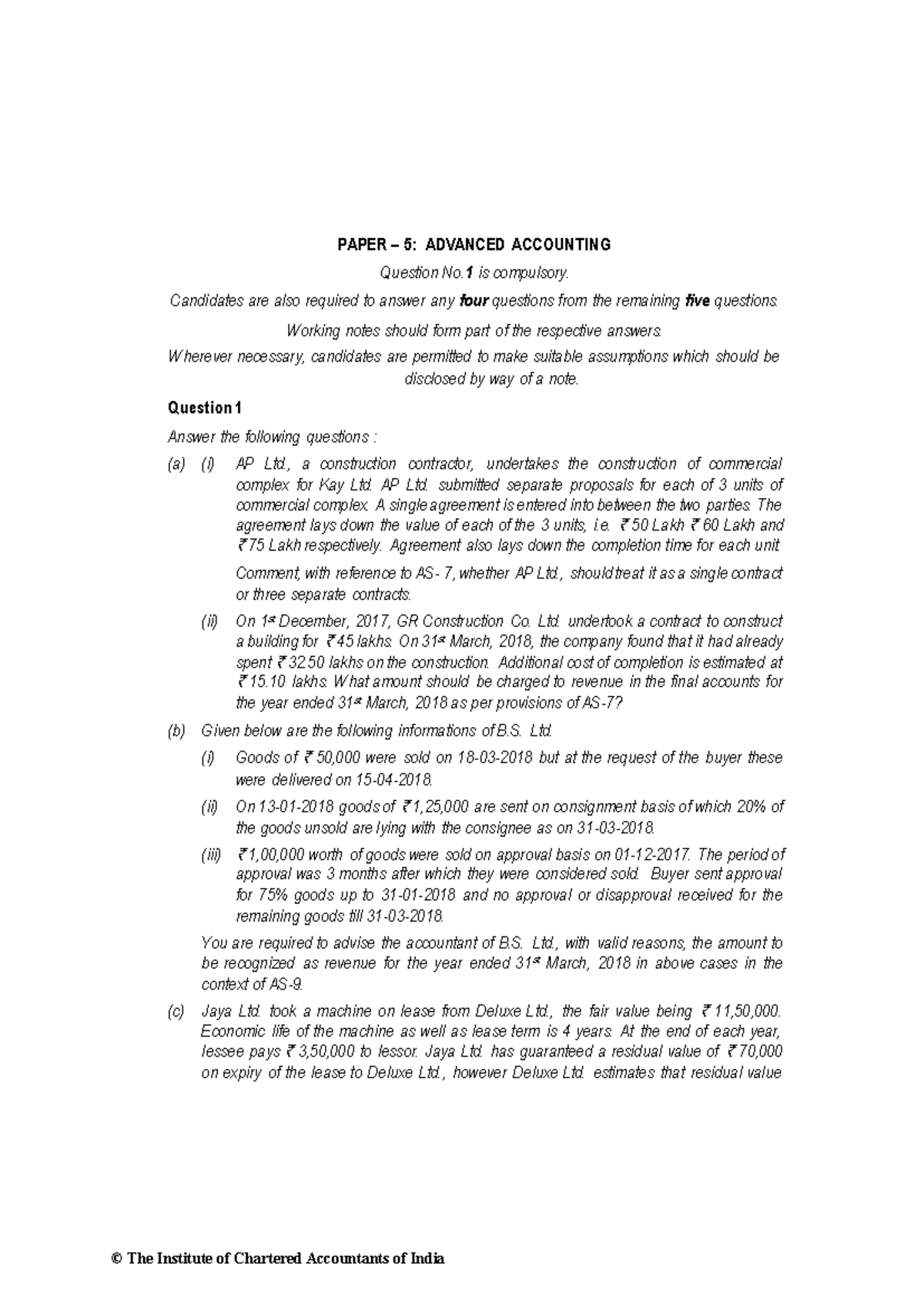 ICAI Suggested Answers - Paper 5: Advanced Accounting, May 2019 - Studocu