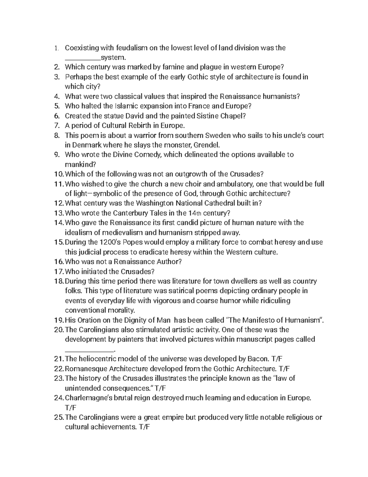 Quiz on the Medieval Period & Renaissance Development - Studocu