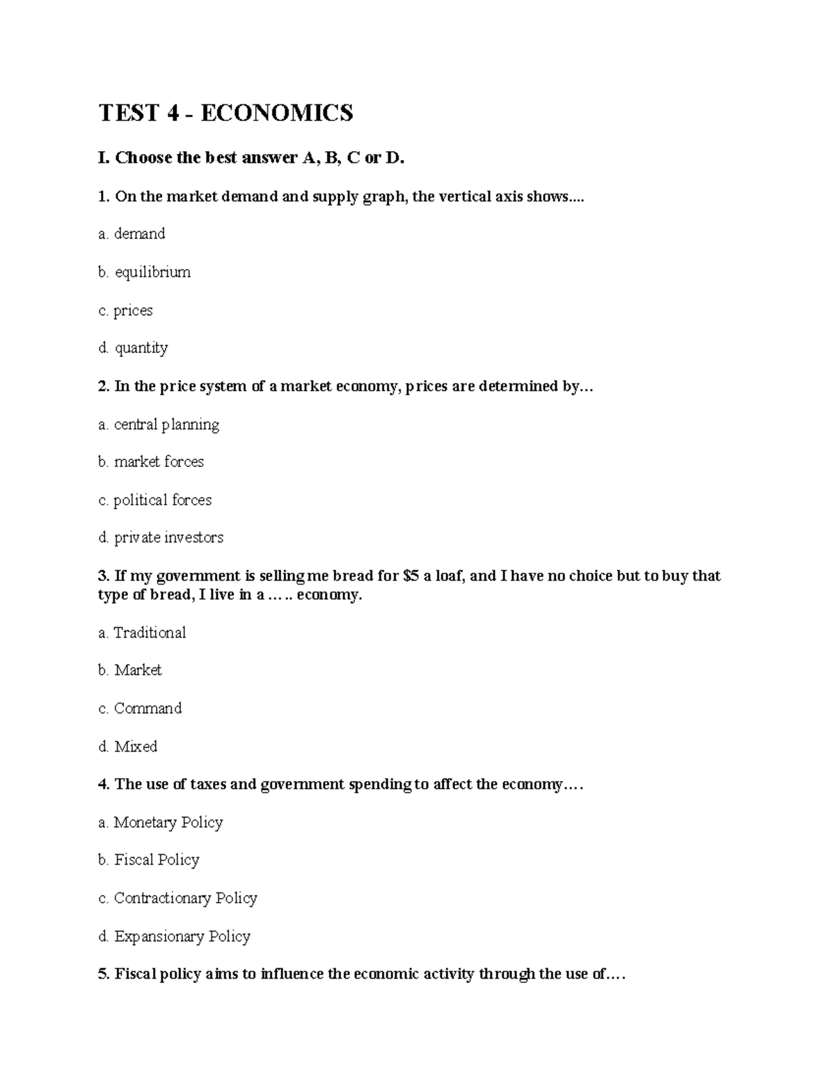 TEST 4 - ECONOMICS I: Multiple Choice Questions and Answers - Studocu