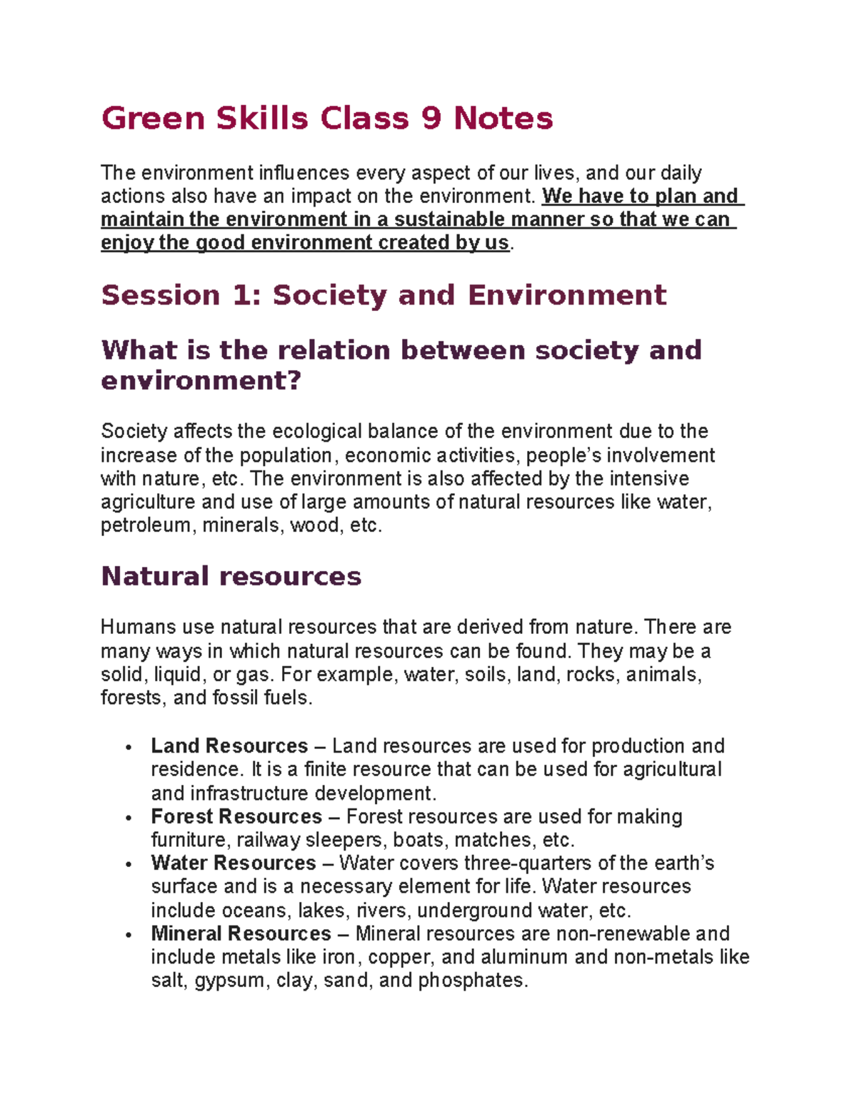Green Skills Class 9: Comprehensive Environmental Notes - Studocu