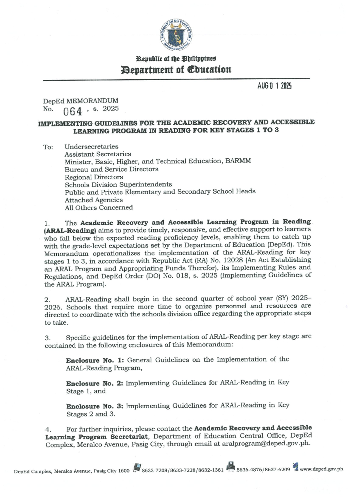 Implementing Guidelines for ARAL Program in Reading (DM 064 S. 2025 ...