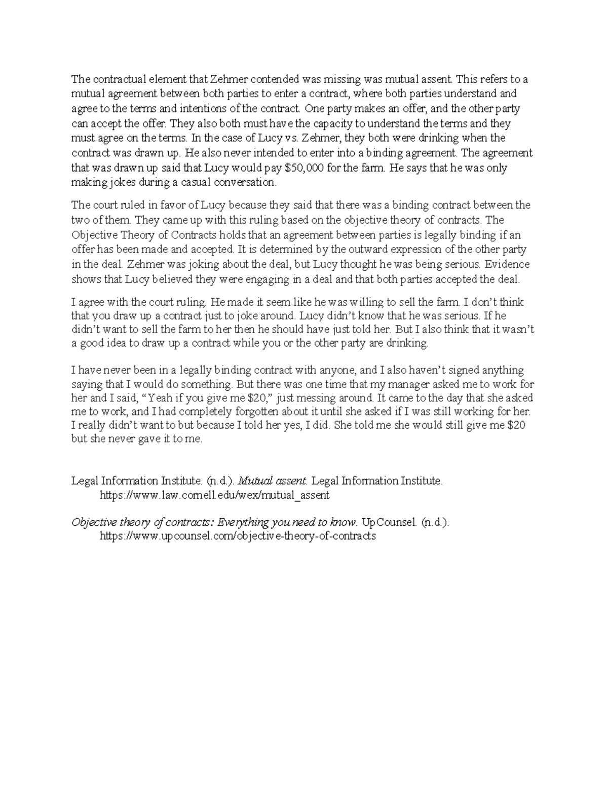 Case Analysis: Mutual Assent in Lucy v. Zehmer (Contract Law) - Studocu