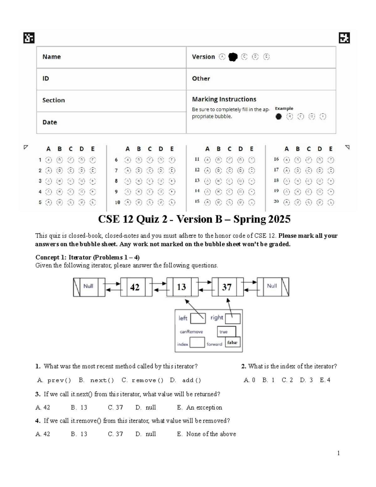 CSE 12 Quiz 2 - Version B - Spring 2025 - Studocu