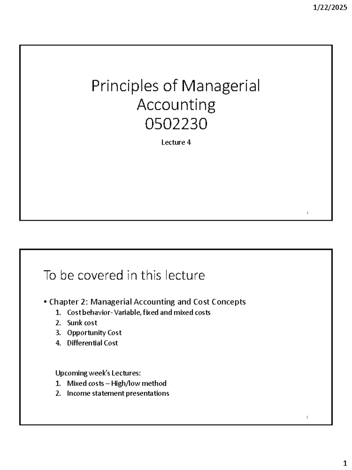 Principles of Managerial Accounting - Lecture 4 Overview - 0502230 ...