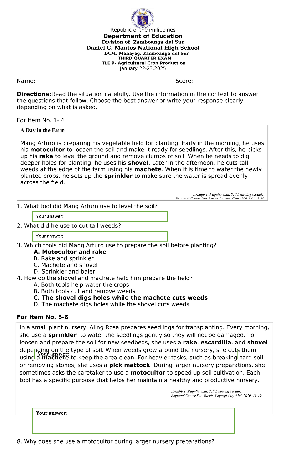 TLE 3rd Quarter Exam Study Notes: Agricultural Crop Production - Studocu