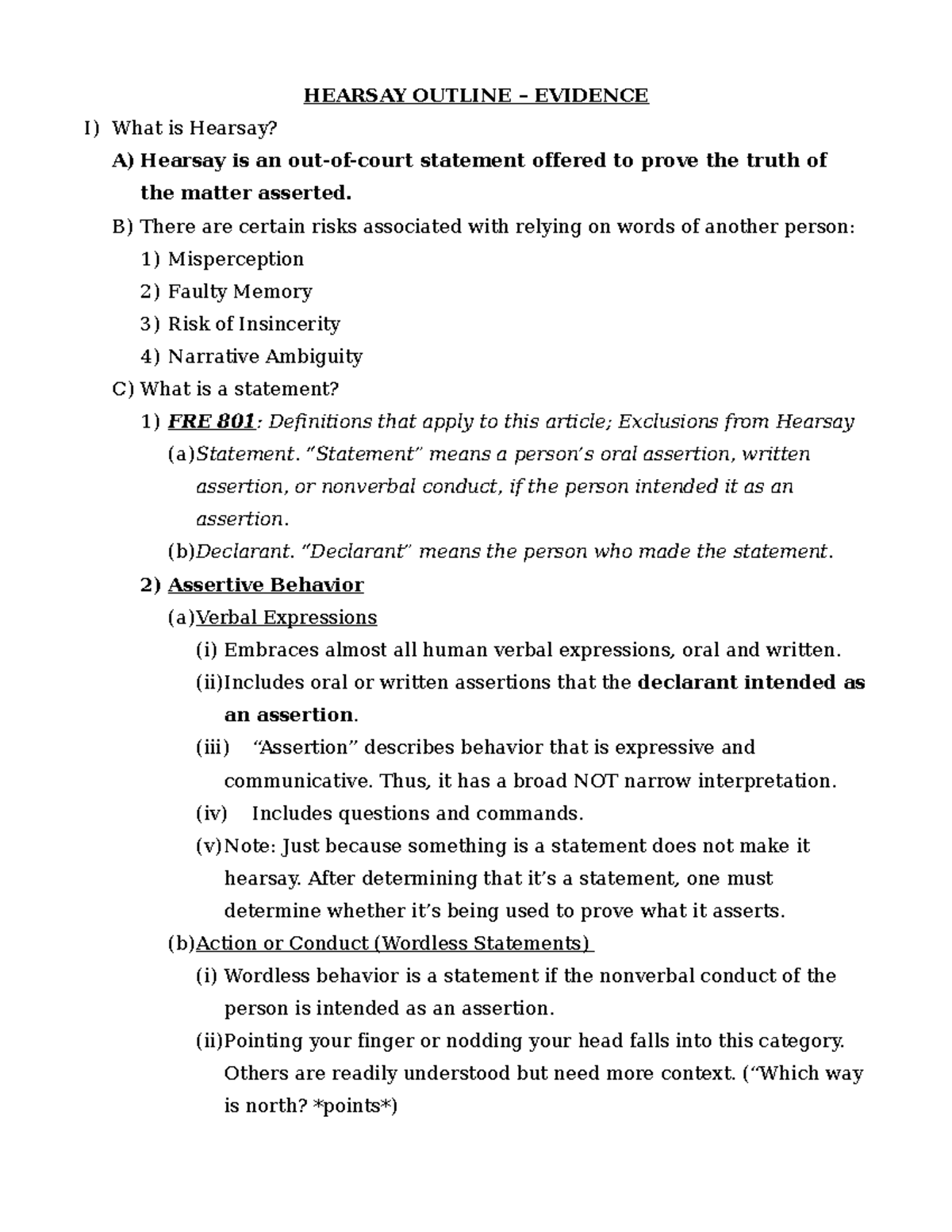 Hearsay Outline for Evidence Course (LAW 501) - Studocu