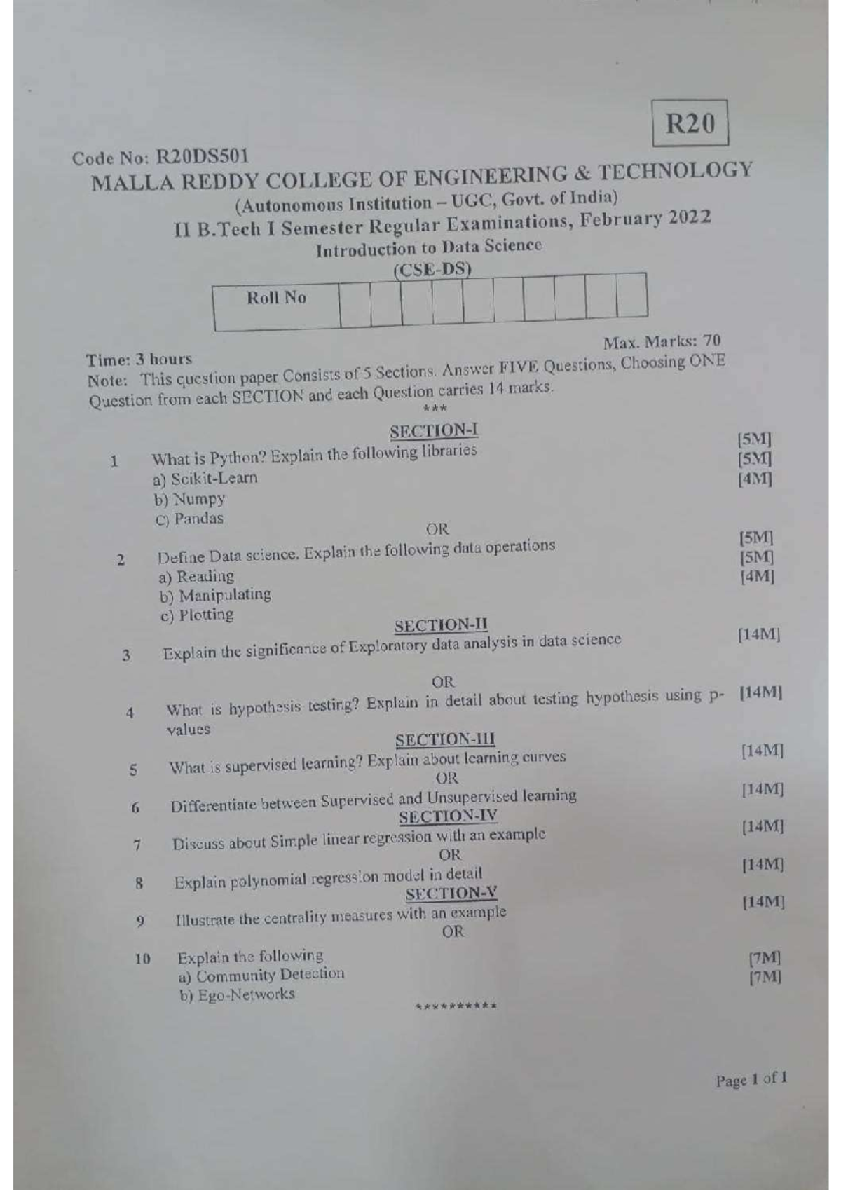 R20DS501 II B. Tech I Sem Intro to Data Science Previous QP - Studocu