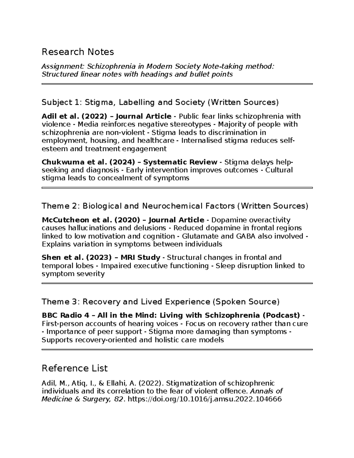 Research Notes Assignment: Schizophrenia in Modern Society - Studocu