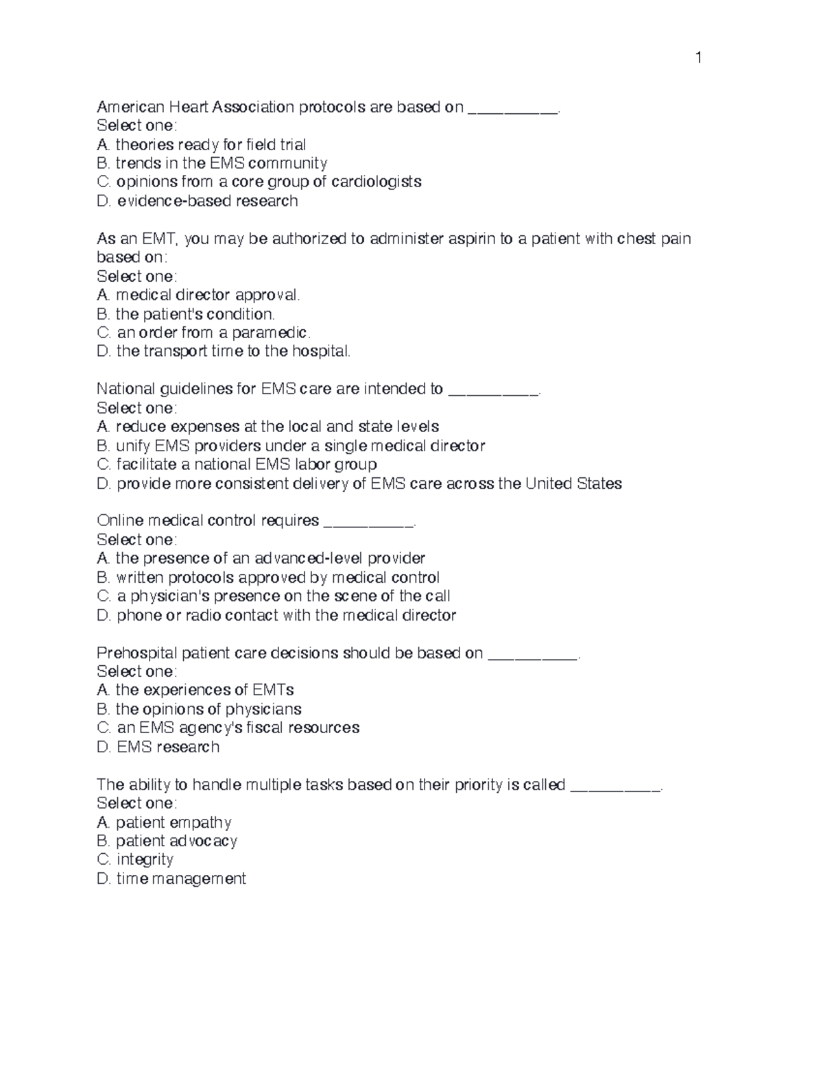 Block 1 EMT Exam 1 - Key Concepts and Protocols Outline - Studocu