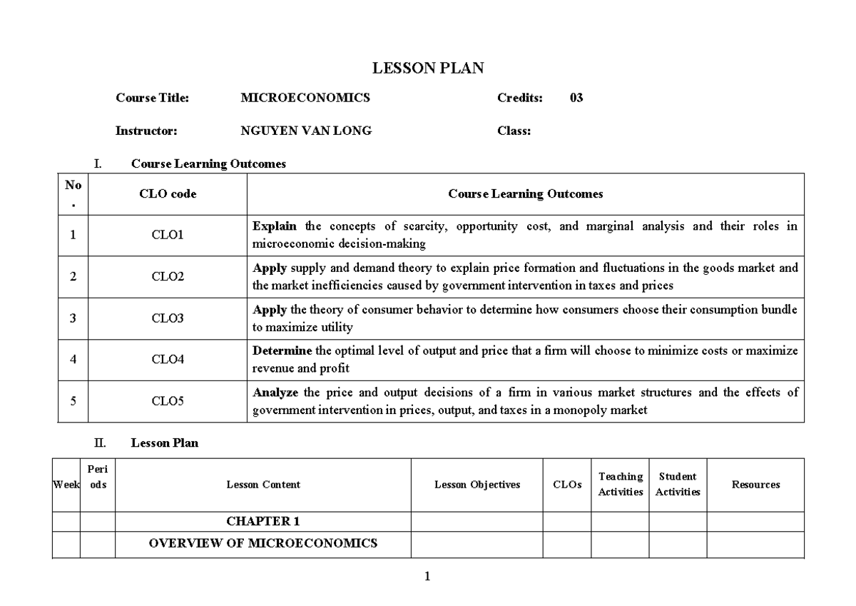 LESSON PLAN: MICROECONOMICS (CLOs Overview) - Studocu